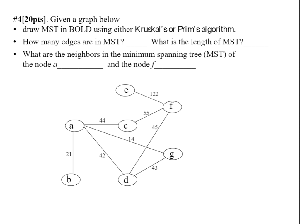 Given a graph below draw MST in BOLD using either | Chegg.com