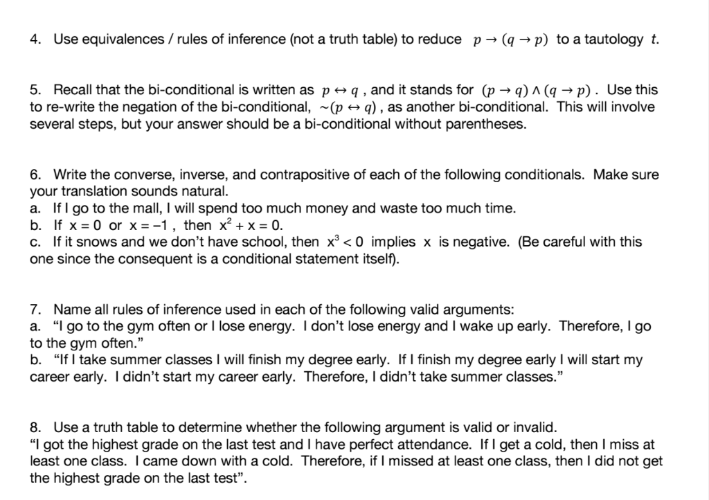 Solved 4. Use equivalences / rules of inference (not a truth | Chegg.com
