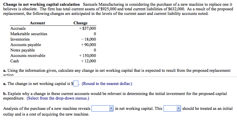 Solved Change in net working capital calculation Samuels | Chegg.com