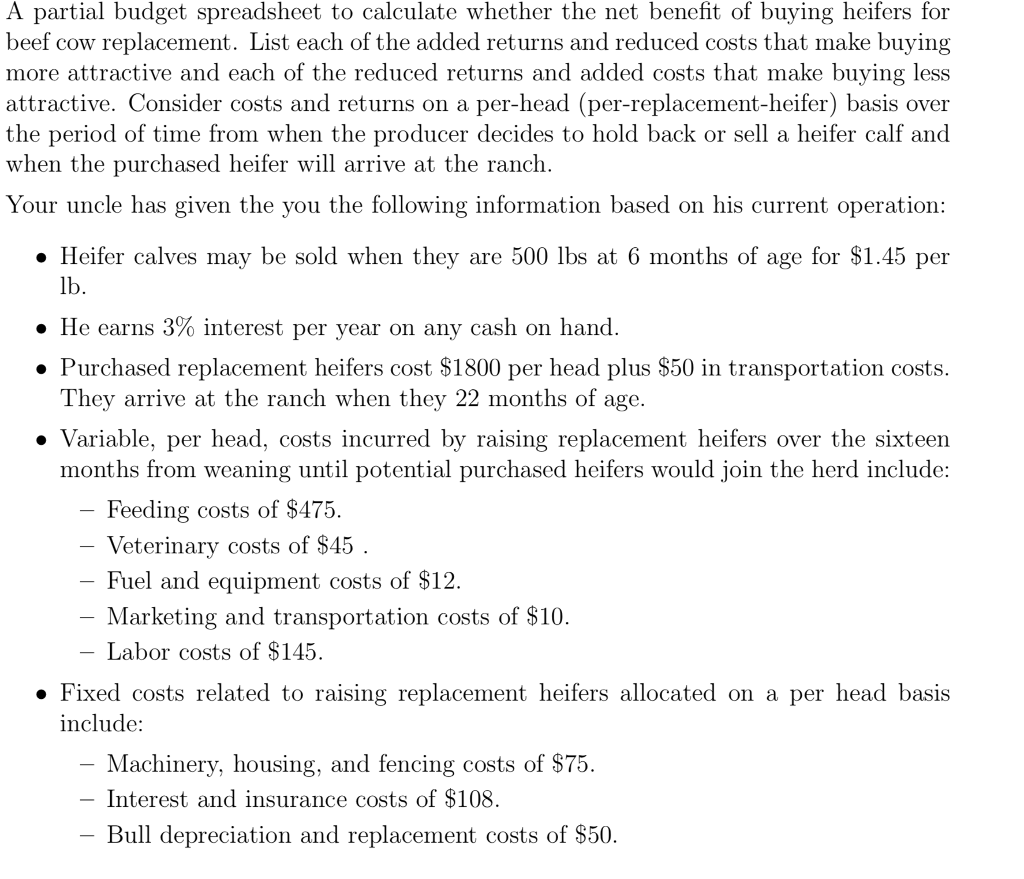 A partial budget spreadsheet to calculate whether the | Chegg.com