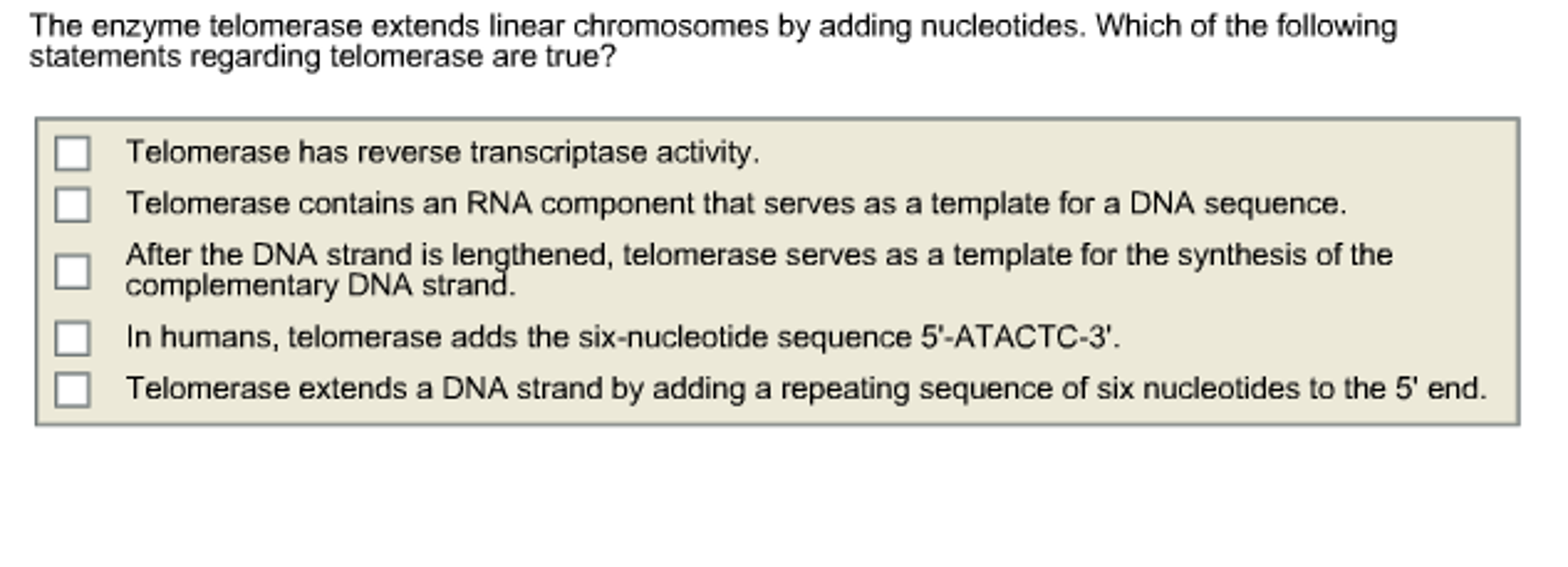 Solved The enzyme telomerase extends linear chromosomes by | Chegg.com