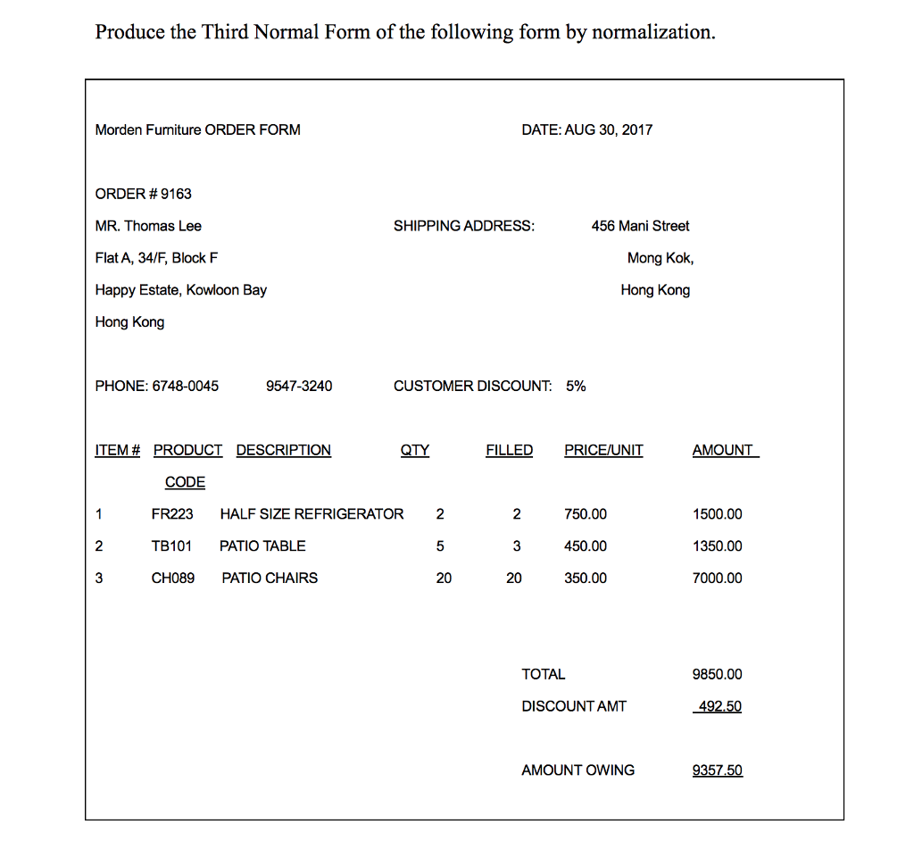 Solved Produce The Third Normal Form Of The Following Form Chegg Solved Produce The Third Normal Form Of The Following Form Chegg