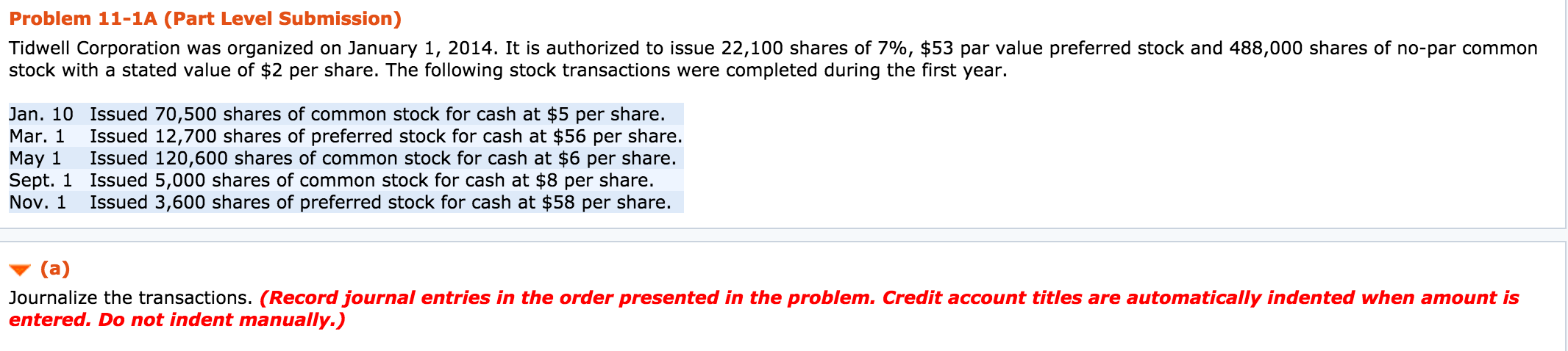 Solved Problem 11-1A (Part Level Submission) Tidwell | Chegg.com
