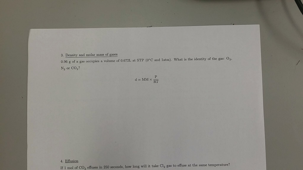 Solved 3. Density and molar mass of gases 0.96 g of a gas | Chegg.com