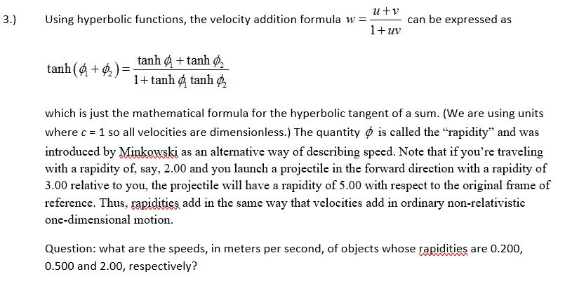 Solved lu t v 3) Using hyperbolic functions, the velocity | Chegg.com