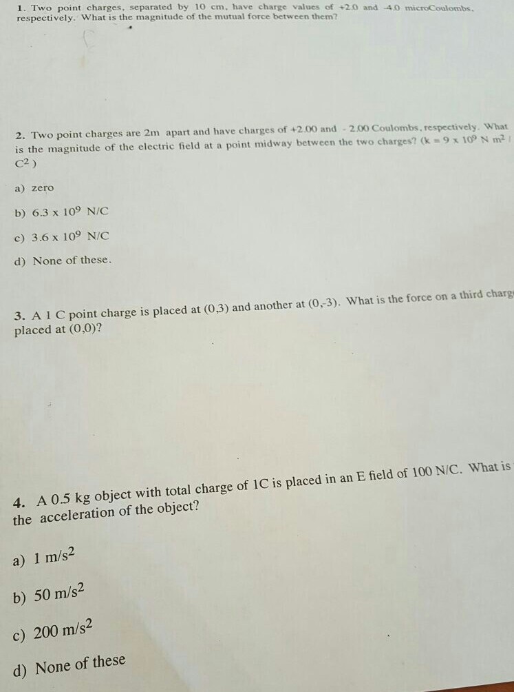 Solved Two point charges, separated by 10 cm. have charge | Chegg.com