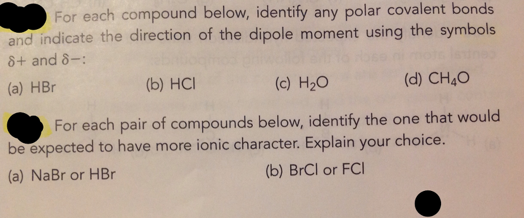 Solved For each compound below, identify any polar covalent | Chegg.com