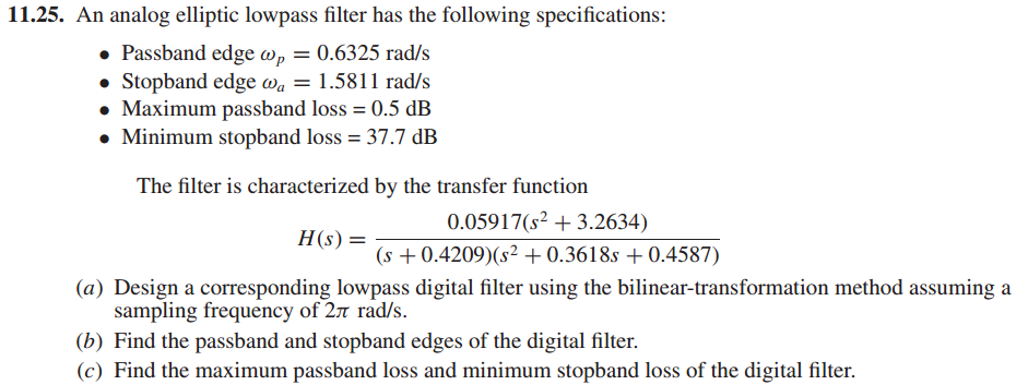 Solved 11.25. An analog elliptic lowpass filter has the | Chegg.com