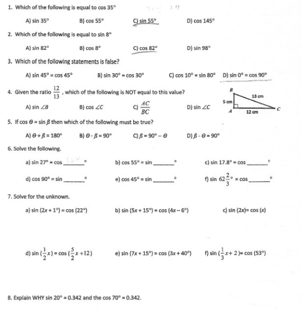Solved 1. Which of the following is equal to cos 35 A) sin | Chegg.com
