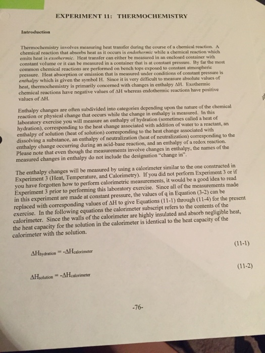 Solved EXPERIMENT 11 THERMOCHEMISTRY Introduction | Chegg.com