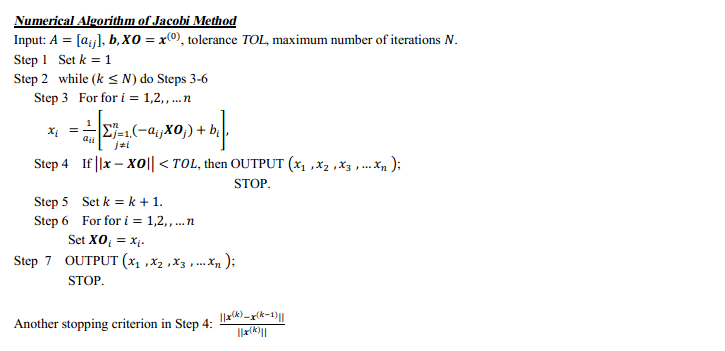 Solved Numerical Algorithm of Jacobi Method Input: A [ay], | Chegg.com