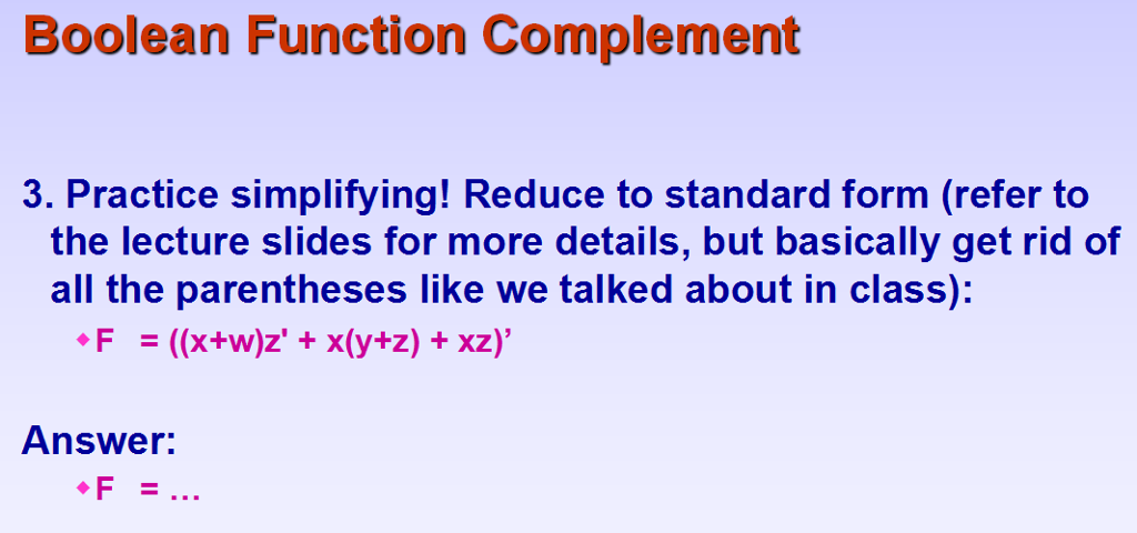 Solved Boolean Function Complement 3 Practice Simplifying