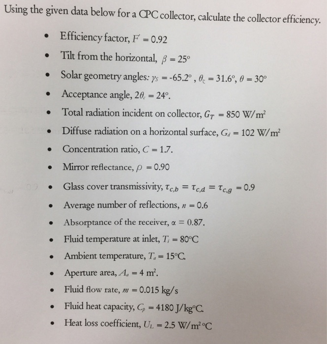 Solved Using the given data below for a CPC collector, | Chegg.com