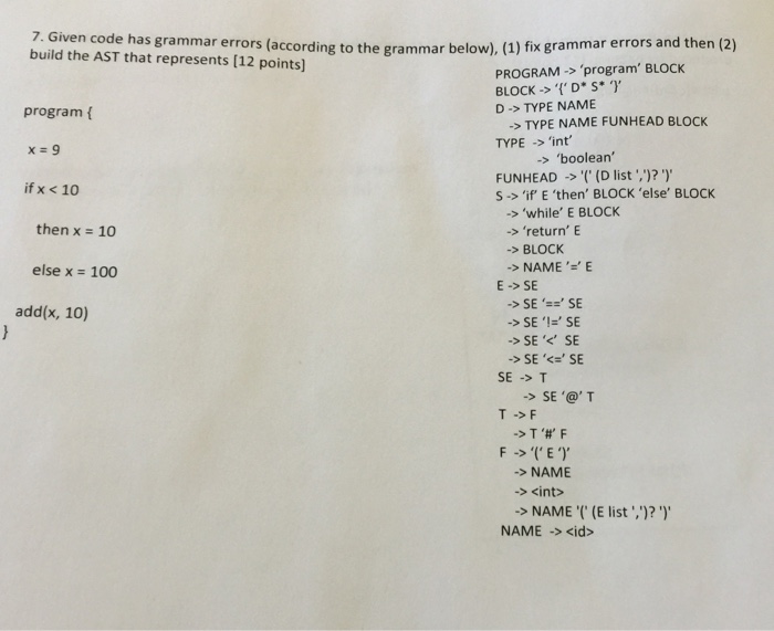 Solved Given code has grammar errors (according to the | Chegg.com
