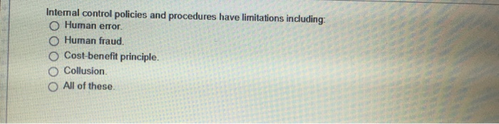 Solved Internal control policies and procedures have | Chegg.com