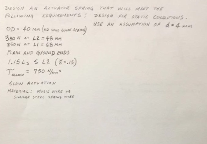 Solved DESIGN AN ACTUATOR SPRING THAT WILL MEET THE | Chegg.com