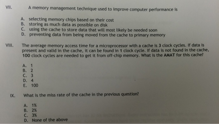 Solved A memory management technique used to improve | Chegg.com
