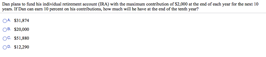 Solved Dan plans to fund his individual retirement account | Chegg.com