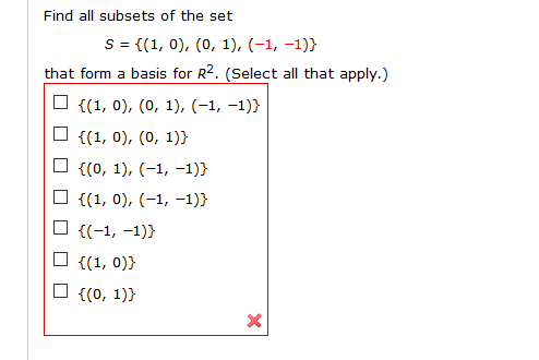 Solved Find all subsets of the set S = {(1, 0), (0, 1), | Chegg.com