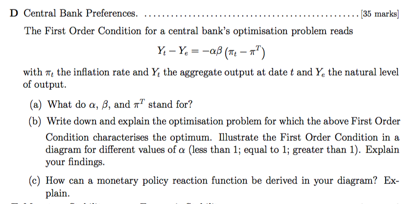 Solved Central Bank The First Order Condition for a central | Chegg.com