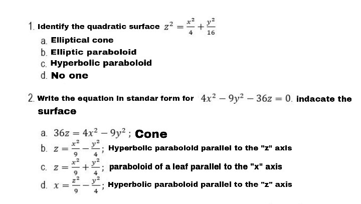 Solved 1. Identify the quadratic surface z2--- + 4 16 a. | Chegg.com