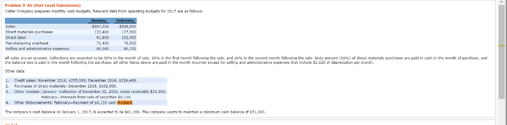 Solved Problem 9 4A (Part Level Submission Colter Company | Chegg.com