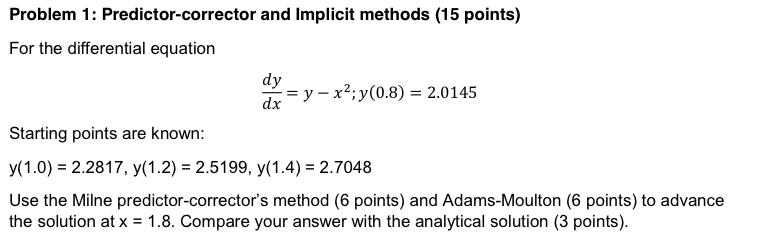 Predictor-corrector and Implicit methods (15 points) | Chegg.com