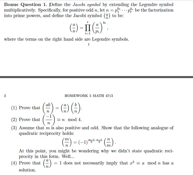 Solved Bonus Question 1. Define the Jacobi symbol by | Chegg.com