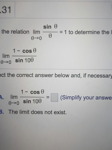 Solved The relation lim_theta rightarrow 0 sin theta/theta = | Chegg.com