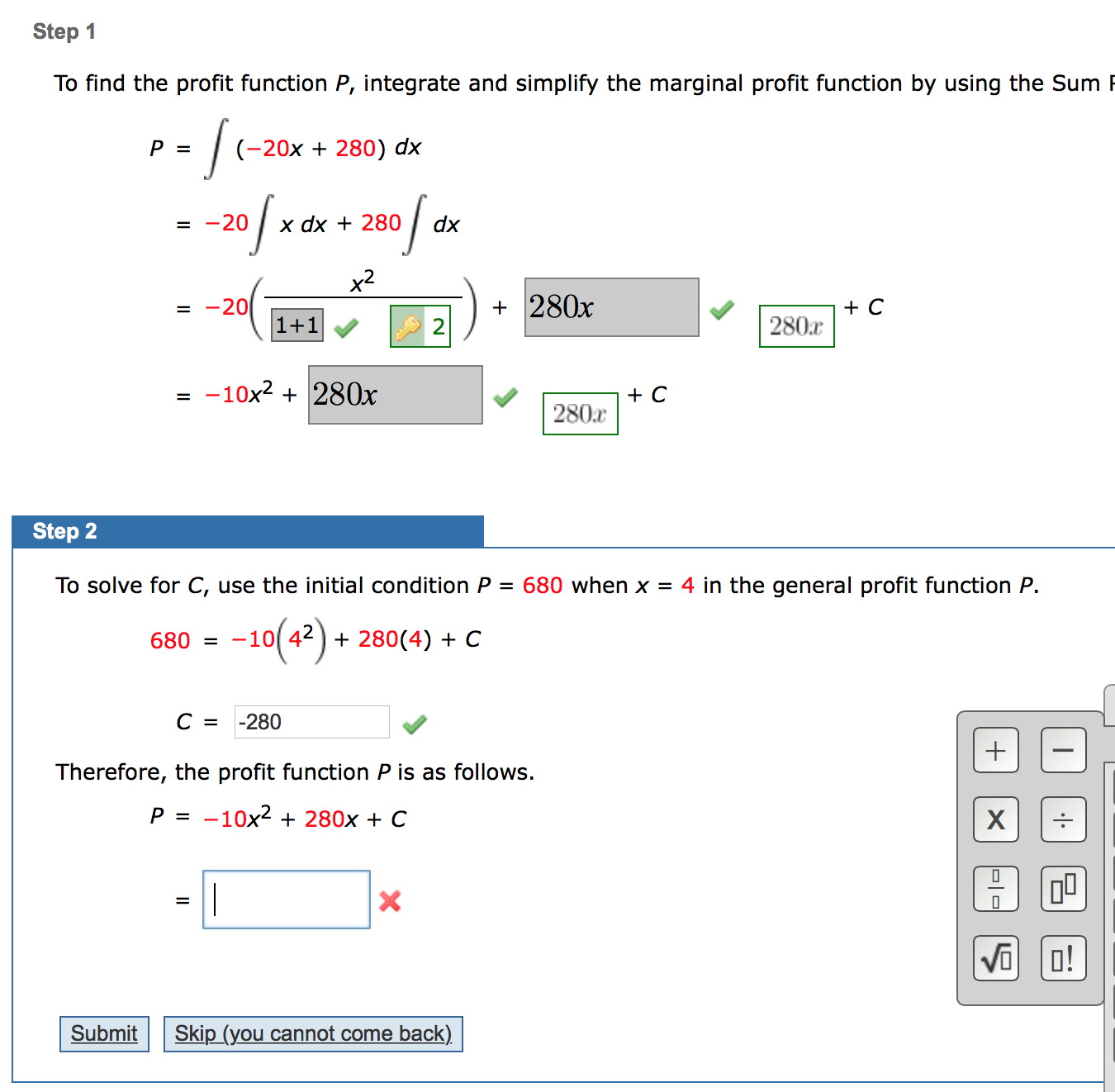 Solved To find the profit function P, integrate and simplify | Chegg.com