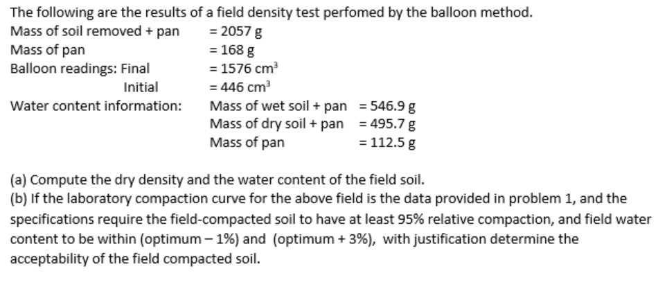 The following are the results of a field density test | Chegg.com