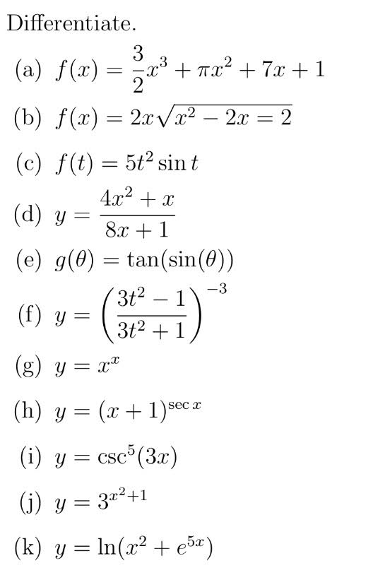 Solved Differentiate. (a) f(x) = 3/2 x^3 + pi x^2 + 7x + 1 | Chegg.com