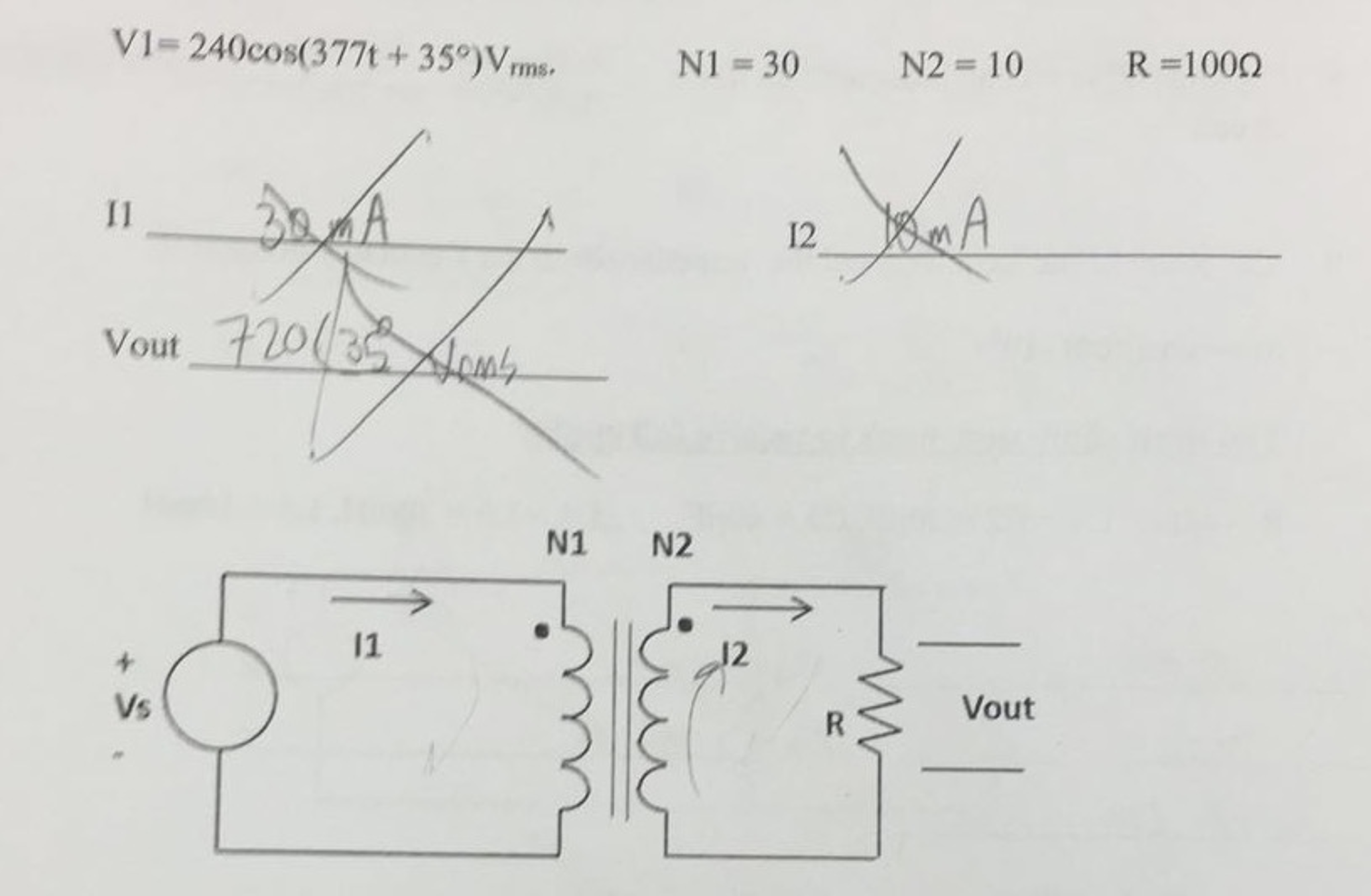 Solved Find I1, I2 and Vout. V1= 240 cos(377t + 35 degree) | Chegg.com