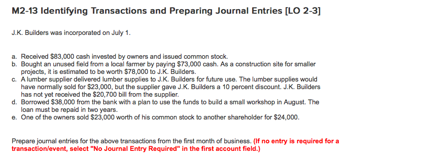Solved M2-13 Identifying Transactions and Preparing Journal | Chegg.com