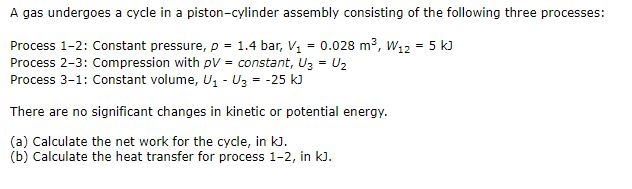Solved A gas undergoes a cycle in a piston-cylinder assembly | Chegg.com