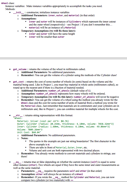 Wheel class: Instance variables: Make instance | Chegg.com