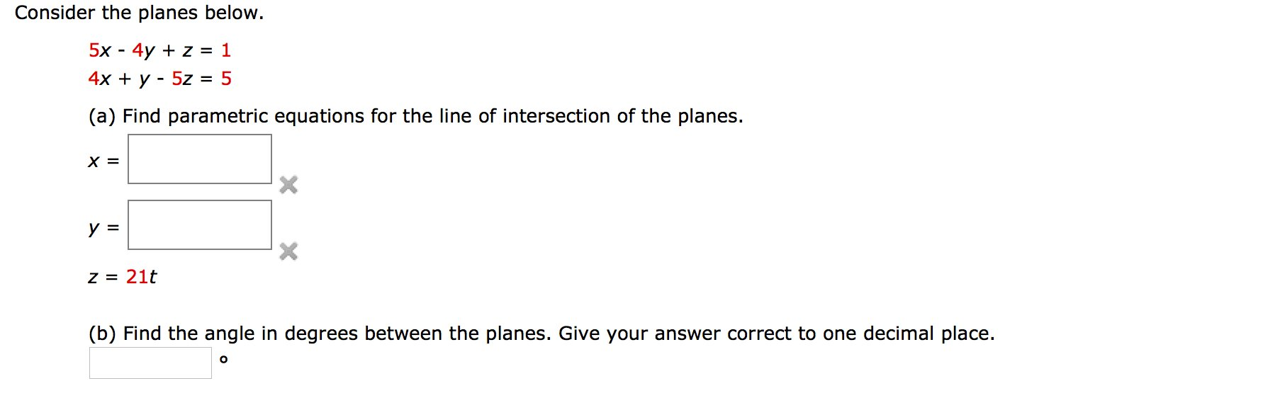 Solved Consider the planes below. 5x - 4 y + z = 1 4x + y - | Chegg.com