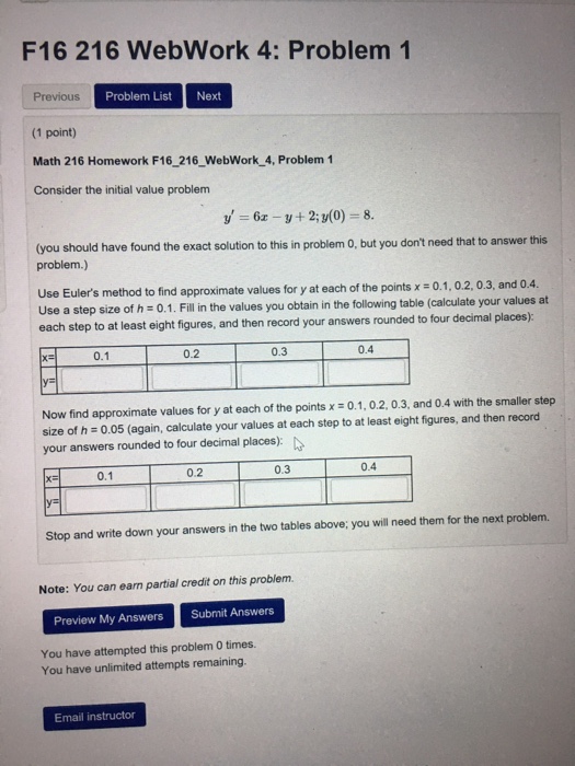 Solved F16 216 WebWork 4: Problem 1 Previous Problem List | Chegg.com