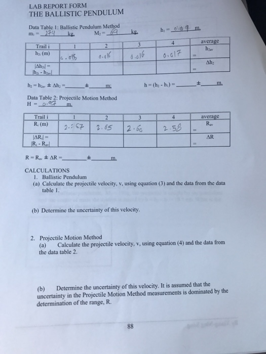 Solved Ballistic Pendulum Method m_1 = kg M_2 = lg. h_1 | Chegg.com