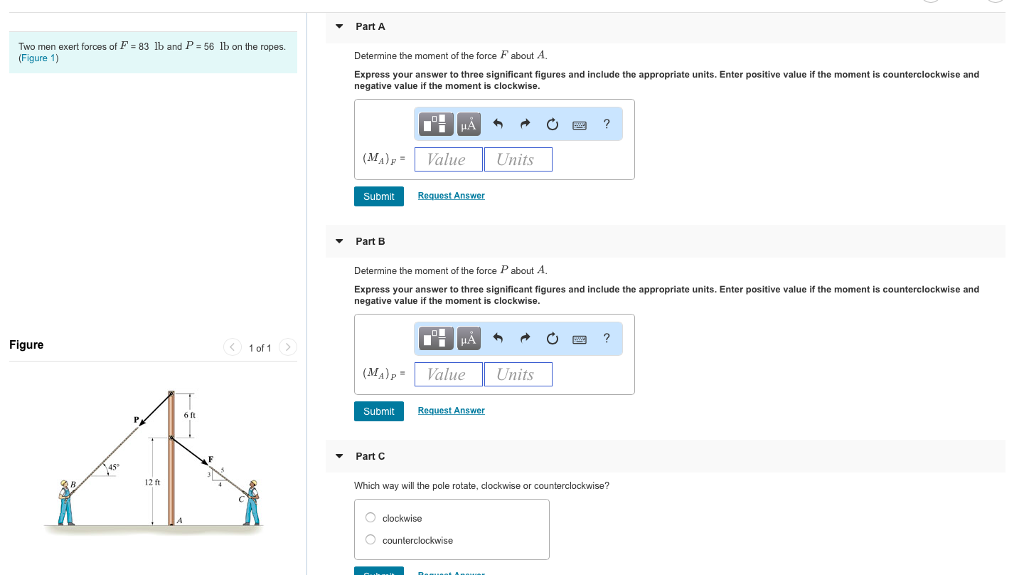 Solved Part A Two men exert forces of F 83 lb and P 56 lb on | Chegg.com