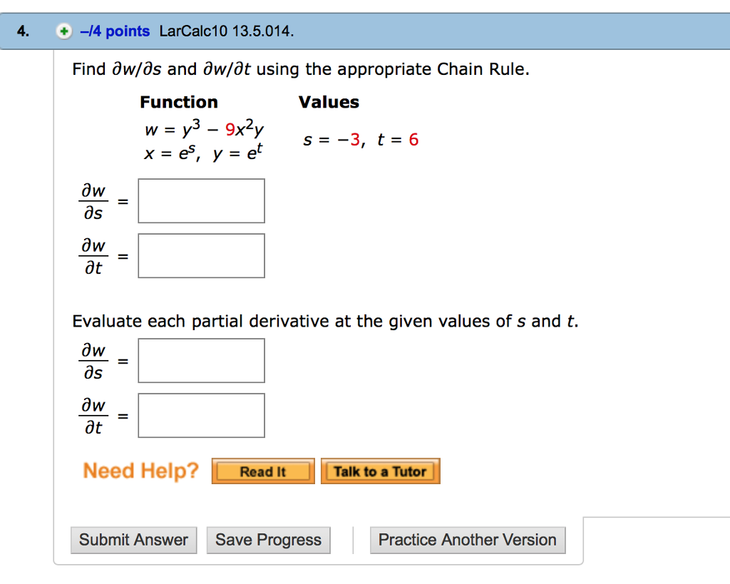 Solved 4. +-4 points LarCalc10 13.5.014. Find ôw/ds and | Chegg.com