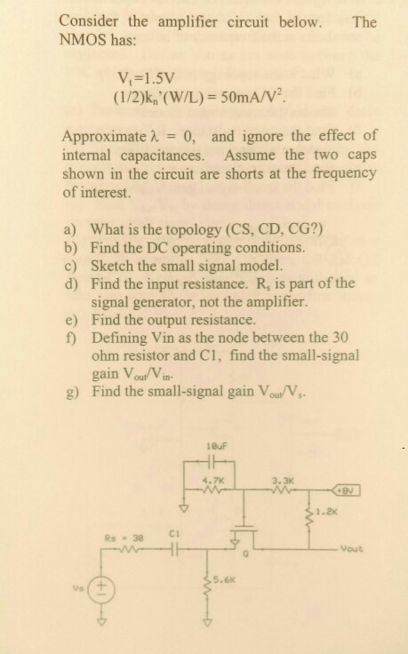 Solved Consider the amplifier circuit below. NMOS has: The | Chegg.com