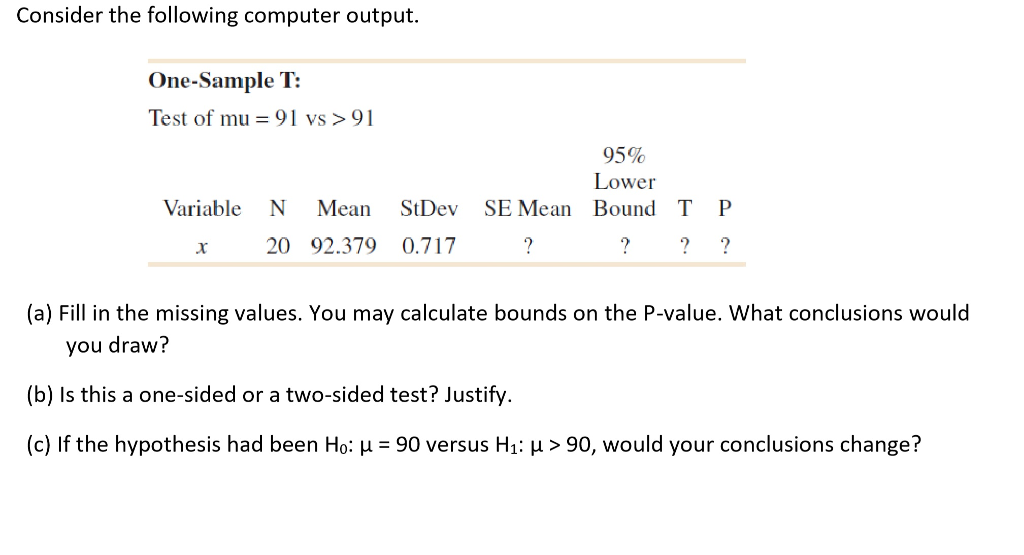 Solved Consider The Following Computer Output One Sample T