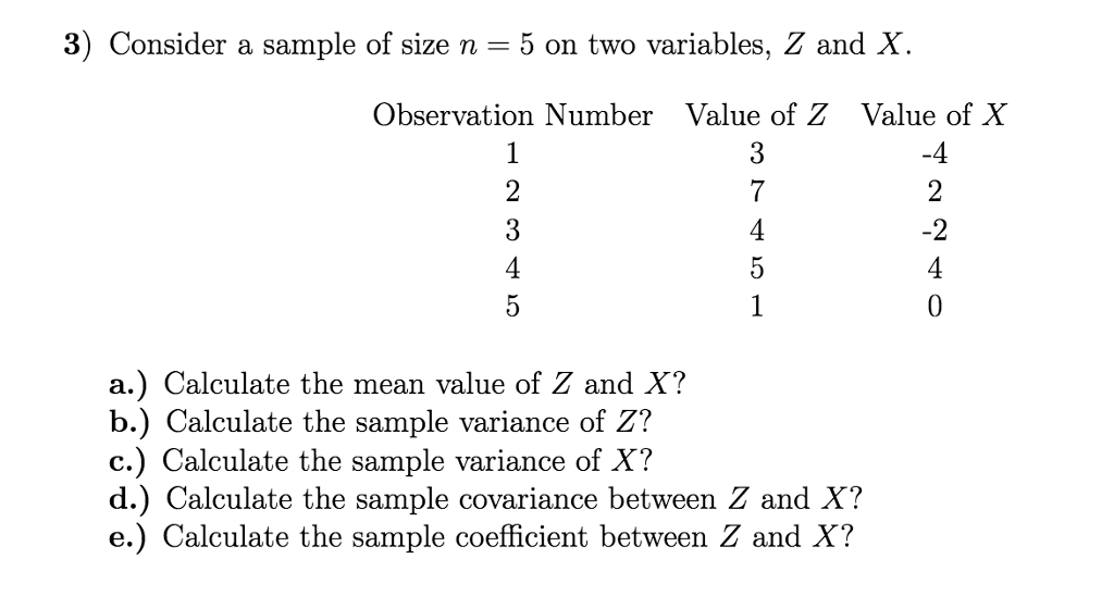 Solved Consider a sample of size n = 5 on two variables, Z | Chegg.com
