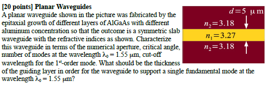 Solved [20 points Planar Waveguides A planar waveguide shown | Chegg.com