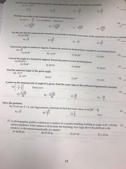 Solved Use the even-odd properties lo find the exact value | Chegg.com