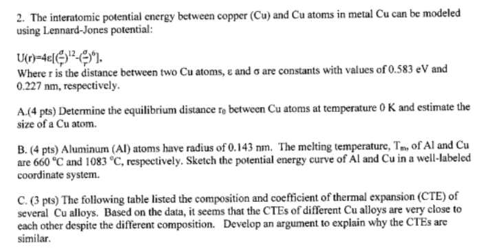 Solved The interatomic potential energy between copper (Cu) | Chegg.com