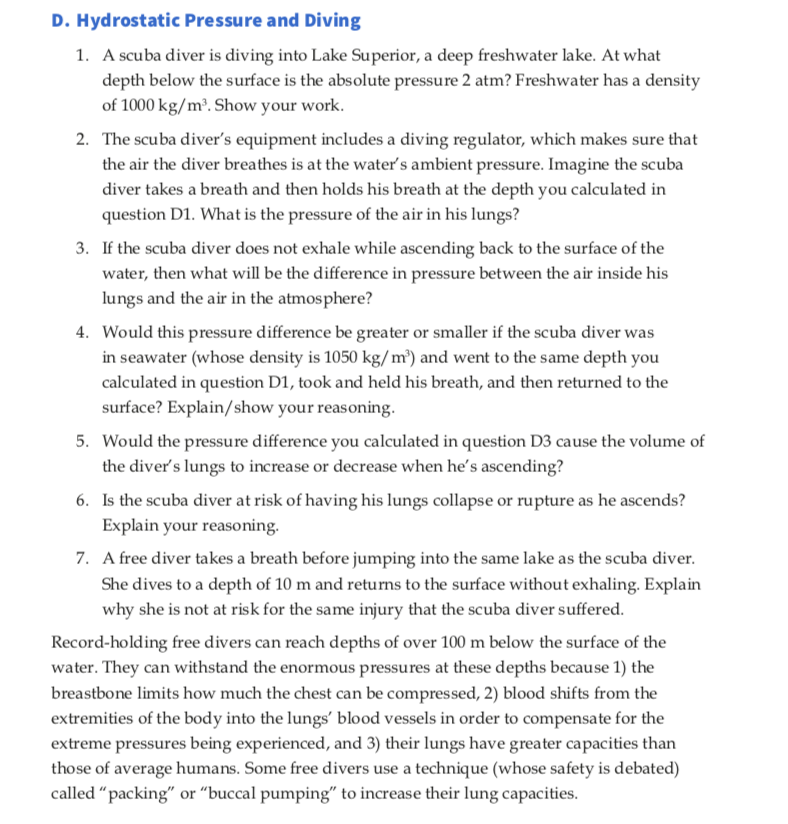 Solved D. Hydrostatic Pressure and Diving 1. A scuba diver | Chegg.com