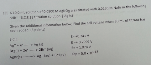 Solved 17. A 10.0 mL solution of o.0500 M AgNO3 was titrated | Chegg.com