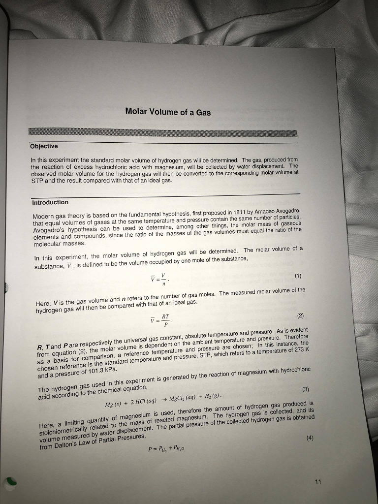 Solved Molar Volume of a Gas Objective In this experiment | Chegg.com